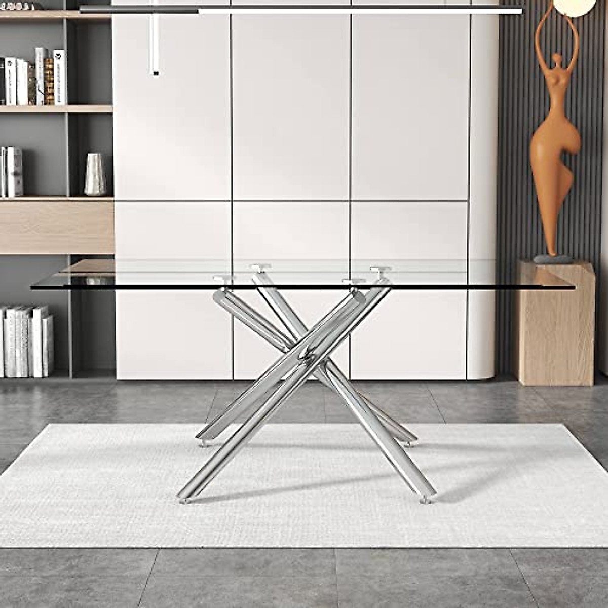 Maotifeys 63" Modern Glass Dining Table for 6 4,Kitchen Table Rectangle Tempered Glass Top Dining Room Table w/Silver X Shape Stainless Steel Pedestal Base,Glass Dinner Table for Kitchen Dining Room