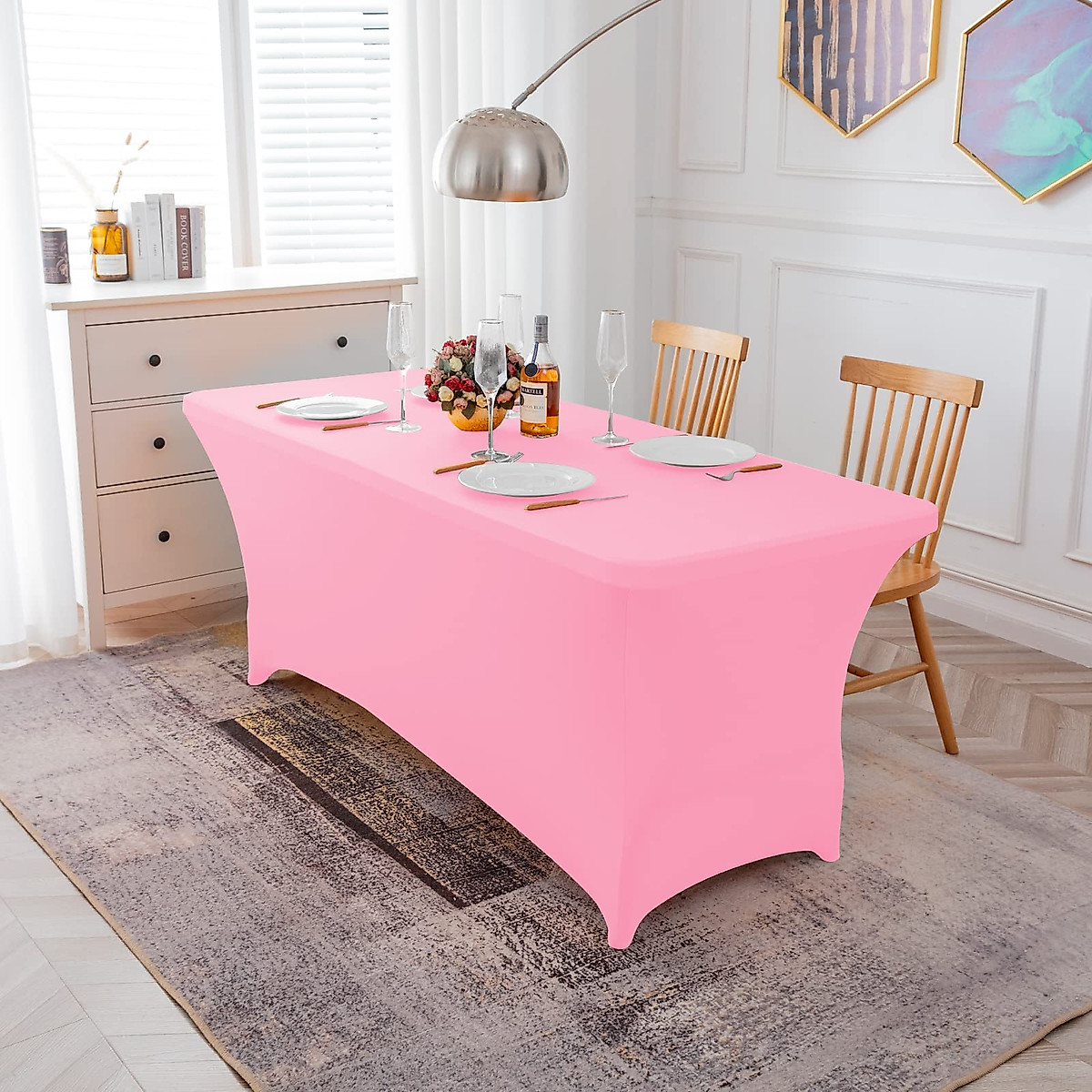 KSK 6 FT Pink Spandex Stretchable Table Cover, Wrinkle Resistant Washable Rectangular Fitted Table Cloths for Parties, Banquet, Massage Bed, Wedding and Festival