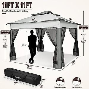COBIZI Pop Up Gazebo Patio Gazebo 11x11 Outdoor Gazebo with Mosquito Netting Outdoor Canopy Shelter with Double Roof Ventiation 121 Square Feet of Shade for Lawn, Garden, Backyard and Deck, Gray