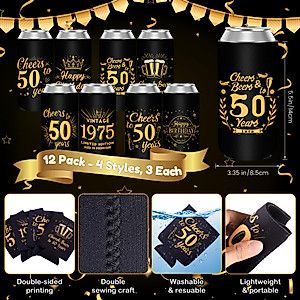 Slim Can Cooler Sleeves 12 Pack, Neoprene Skinny Can Coolers for 12 oz Standard Cans Cup,50th Birthday Party Favor Decorations for Men Women Funny Party Supplies (50th Birthday Party)