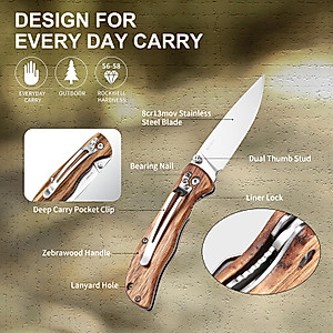 Vickay Pocket Knife for Men, Folding Knife with Clip, 3.74" 8Cr13MoV Steel Blade, Wood Handle EDC Knife for Outdoor Camping,Tactical, Hunting and Fishing Gift (Zebrawood)