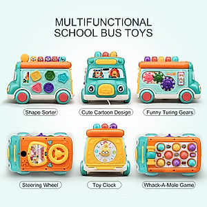 Cute Stone Push Pull Bus Toy, Baby Musical Learning Toys with Sound & Light, Whack-a-Mole Game, Shape Matching, Gear, Toy Clock, Activity Bus Toy Early Education Gift for Toddler Boys Girls