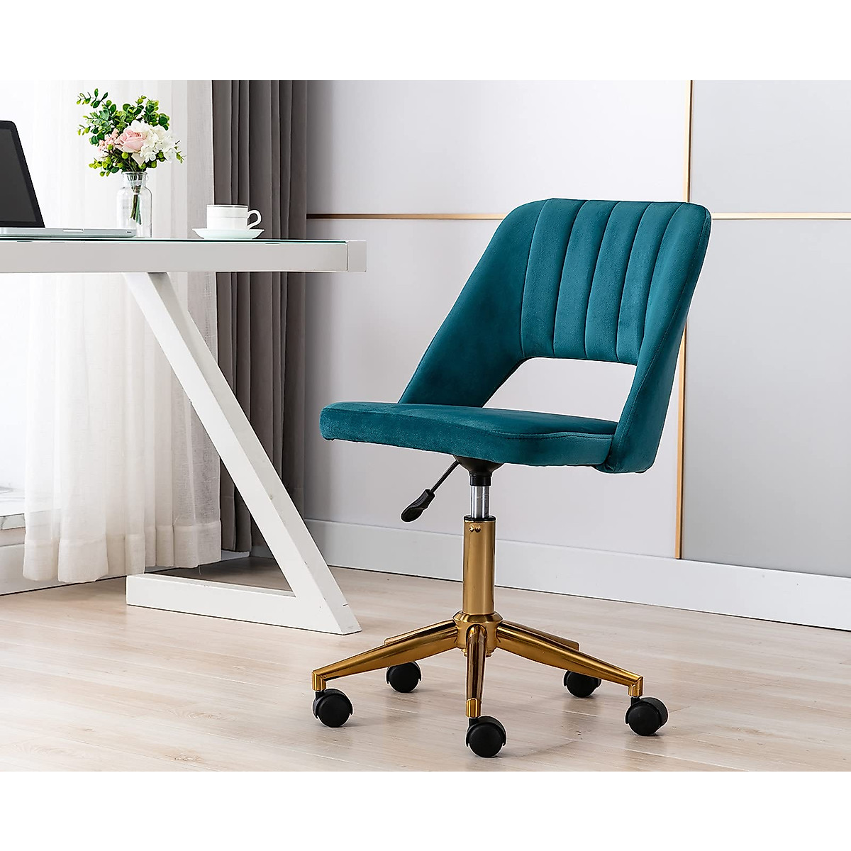 ZHENGHAO Modern Armless Desk Chair Vanity Stool for Teen Girls, Hollow Back Task Chair Study Chair Sewing Chair with Gold Base for Home OfficeBedroomLiving Room (Green)