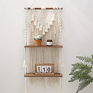 2 Tier Macrame Boho Wall Hanging Shelf, Handmade Bohemian Wooden Woven Plants Floating Shelves Decor, Decorative Chic Rope Crystal Holder Organizer for Bathroom Bedroom Kitchen Home Nursery Storage