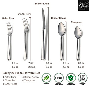 Alata Bailey 20-Piece Forged Stainless Steel Flatware Set Cutlery Set,Service for 4,Matte Satin Finish,Dishwasher Safe