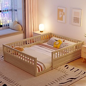 DNYN Full Size Floor Bed for Kids Bedroom,Solid Wood Bedframe w/Fence & Easy Assemble & Space Saving Design & No Box Spring Needed, Natural