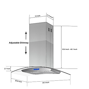 Tieasy Island Range Hood 36 inch 700 CFM Ceiling Mount Kitchen Stove Hood Ducted with Tempered Glass 4 LED Lights Touch Control 3 Speed Fan Permanent Filters