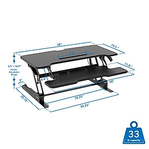 Mount-It! Height Adjustable Standing Desk Converter, 38” Wide, Stand Up Desk Riser for 2 Monitors, Manual Gas Spring Desktop Raises to 16.9", Fits Two Monitor Screens with Keyboard Mouse Tray in Black