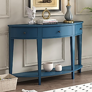 Modern Curved Console Table Sofa Table with 3 Drawers and Bottom Shelf, Wood Buffet Sideboard Accent Storage Cabinet for Hallway Entryway Living Room (Navy Blue 006)