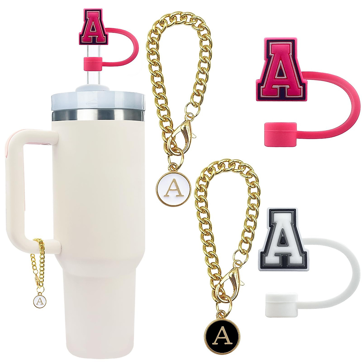 Velaco 4 PCS Initial Letter Charm Accessories and Straw Cover Pack- Chains with Initial Letter for Stanley 20 30 40 oz Tumbler with Handle