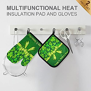 Green Saint Patrick's Day Ribbon Oven Mitts Pot Holder Sets 2pcs Spring Shamrock Leaves Non-Slip Kitchen Heat Resistant Hot Pads for Women Cooking Gloves Baking Wear BBQ