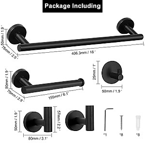 NearMoon 5 Pcs Bathroom Hardware Set SUS 304 Thicken Stainless Steel-Towel Bar Set Include 16" Towel Rod+Toilet Paper Holder+3 Multifunctional Hooks Bathroom Accessories (Matte Black)