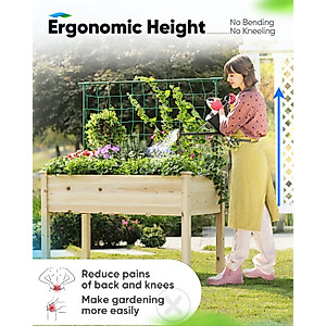 Quictent 48x24x30in Raised Garden Bed with Trellis, Elevated Wood Planter Box Stand for Backyard, Patio, Balcony w/Bed Liner, 200lb Capacity