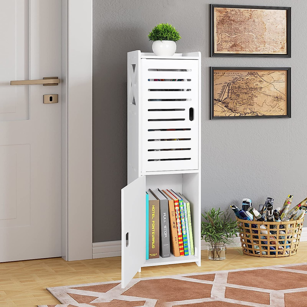 Bathroom Floor Cabinet Freestanding Double Door 3-Tier Side Storage Organizer Cabinet Unit, Multipurpose Waterproof Small Storage Cabinet for Bathroom, Bedroom, Office, White