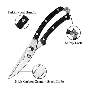 TUO Kitchen Shears - Heavy Duty Kitchen Scissors, Multi-functional Shears for Bone Poultry Meat Fish - German Steel & Pakkawood Handle with Safety Lock - Falcon Series with Gift Box