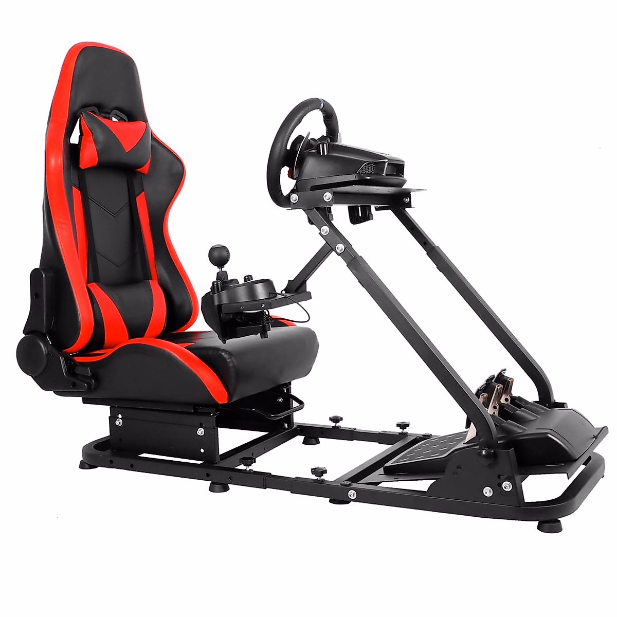 Hottoby Foldable Racing Simulator Cockpit Stand with Red Seat Fit for Logitech/Thrustmaster G25,G27,G29,G920,G923&T300RS,TX,T80,Multi-Angle Adjustment Sim Cockpit racing wheel,No Steering Wheel,HandBr