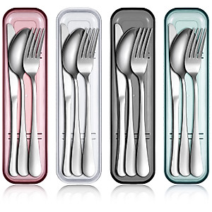 4 Pack Portable Stainless Steel Utensil Set with Case Travel Reusable Silverware Flatware Set 4-piece Camping Cutlery Include Fork Spoon Knife with Case for Office School Picnic Dishwasher Safe