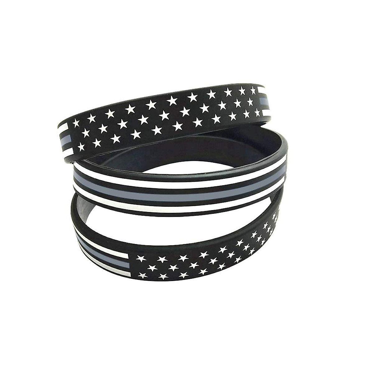 Thin Grey-Gray-Silver Line American Flag Silicone Stretchable Bracelet 4-Pack - Correctional Officer