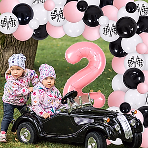 90Pcs Pink Racing Car 2nd Birthday Party Decorations for Girls, TWO FAST CURIOUS 2 Foil Balloons with Pink Black Checkerboard Grid Balloon Garland Kit for Girls 2 Years Old Birthday Decoration