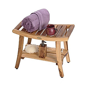 EcoDecors Harmony Teak Shower Bench Natural Wood Shower Bench with Shelf and LiftAide Arms 24" Shower Stool in Earthy Teak Finish