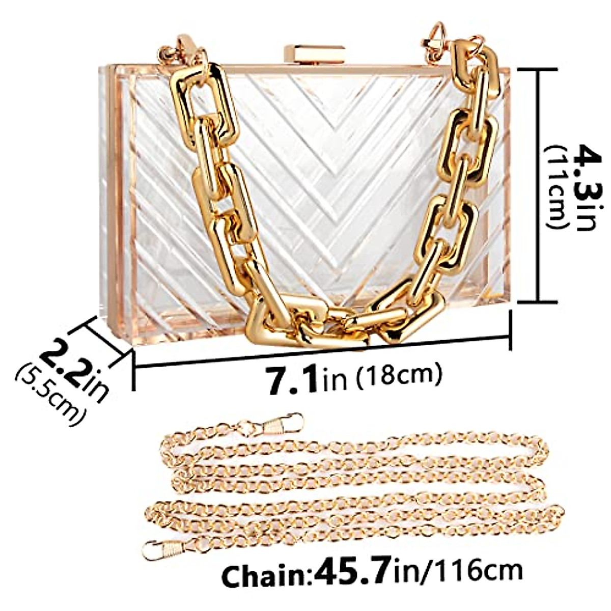 LUEXBOX Acrylic Women Clear Purse, Evening Clutch Handbag with Removable Gold Chain, Transparent Crossbody Shoulder Stadium Purse for Gameday, Bridal, Bachelorette Party, Prom & Concert (V Shape)