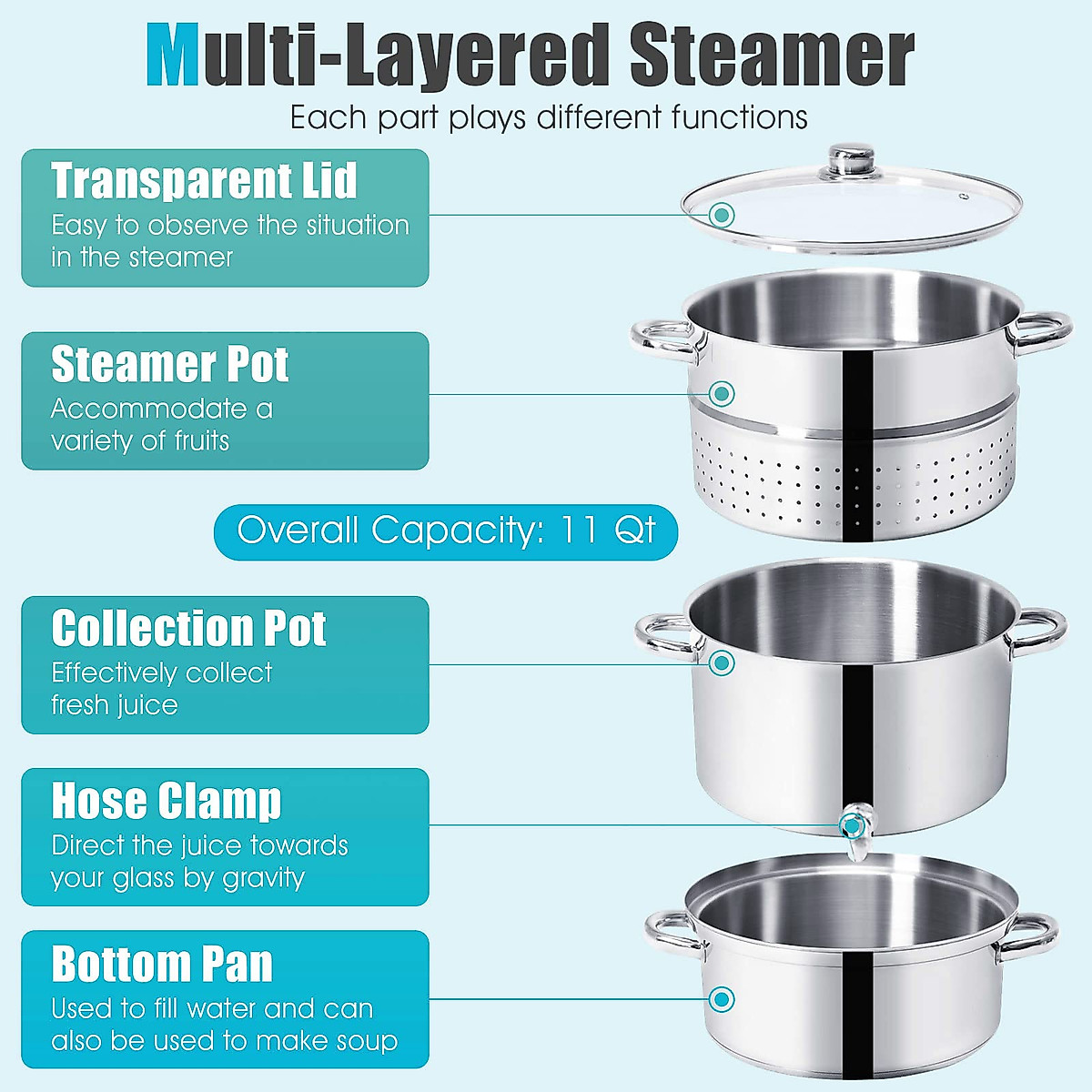 FANTASK 11-Quart Steam Juicer, Pasta Pot with Tempered Glass Lid, Hose, Clamp, Safe Loop Handle, Easy to Use, Stainless Steel Steamer Pot for Cooking Fruit Vegetable, Silver