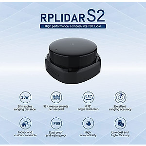 Seeed Studio RPLiDAR S2 Low Cost 360 Degree DTOF Laser Range Scanner, Lidar Scanner with 30 Meter Radius Ranging Distance, and 0.12° Angle Resolution, IP65-Rated for Indoor/Outdoor Use.