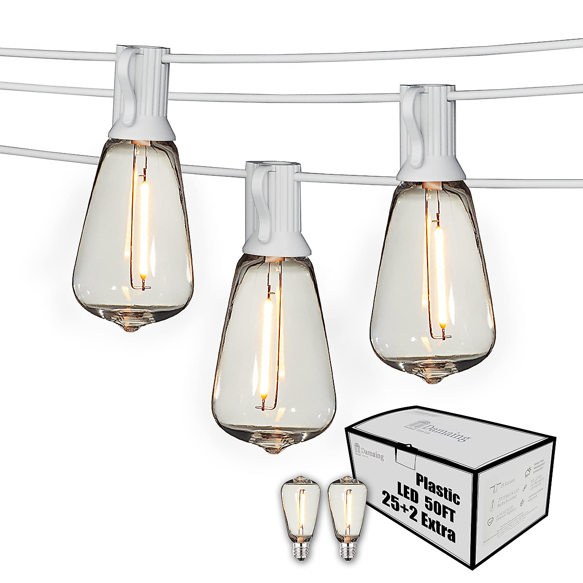 DAMAING Outdoor String Lights 50FT Waterproof,LED Patio Lights Dimmable with 27 Bright Shatterproof Retro Bulbs,Vintage Edison String Hanging Lights for Outside Bistro,Backyard,Balcony,White Cable