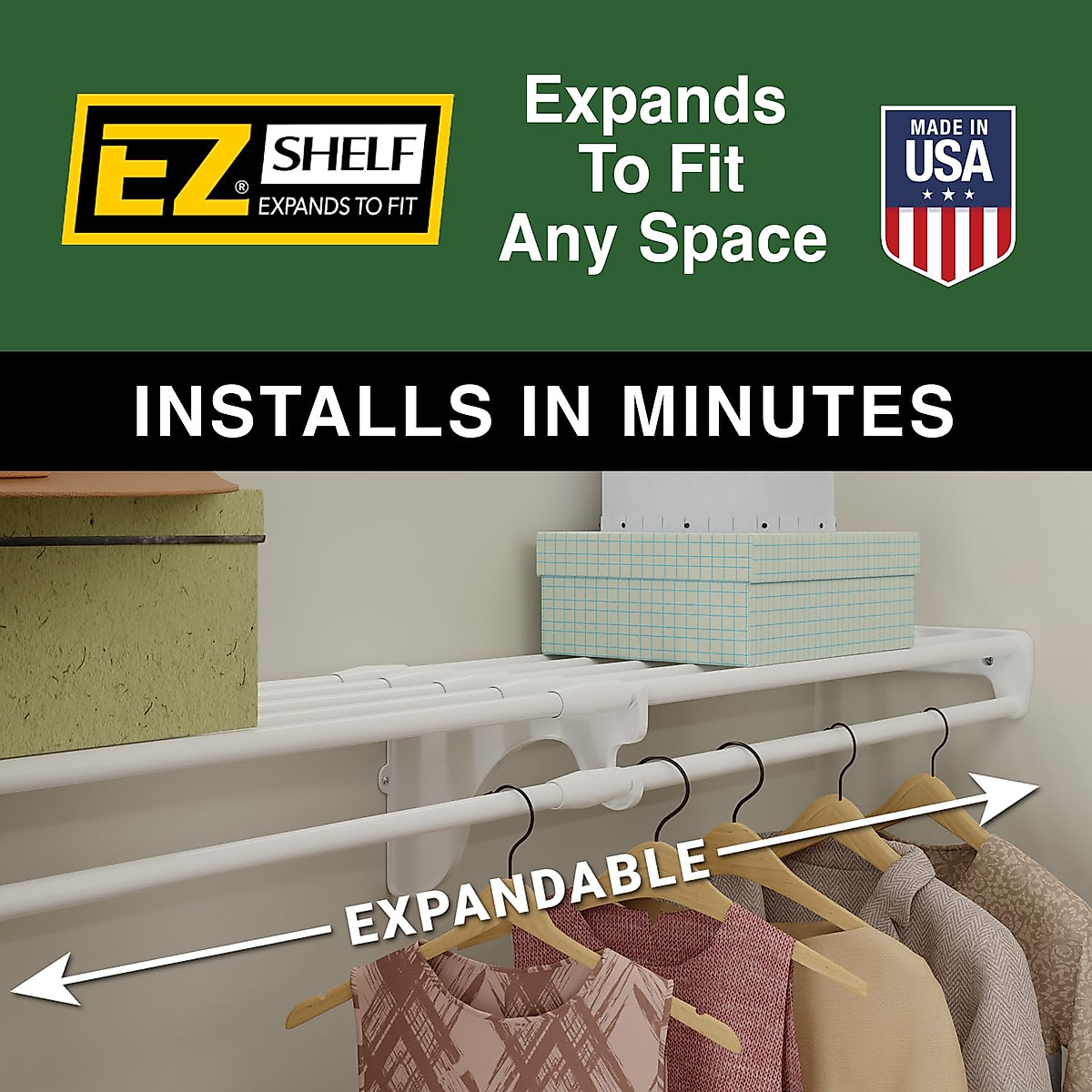 EZ Shelf DIY Expandable Closet Shelf & Rod - 28” - 48” - White - Mounts to 2 Sidewalls (No End Brackets) - Easy to Install-Strong - Wire Shelving Alternative - Rod & Shelf Kit (EZS-SCRW48)