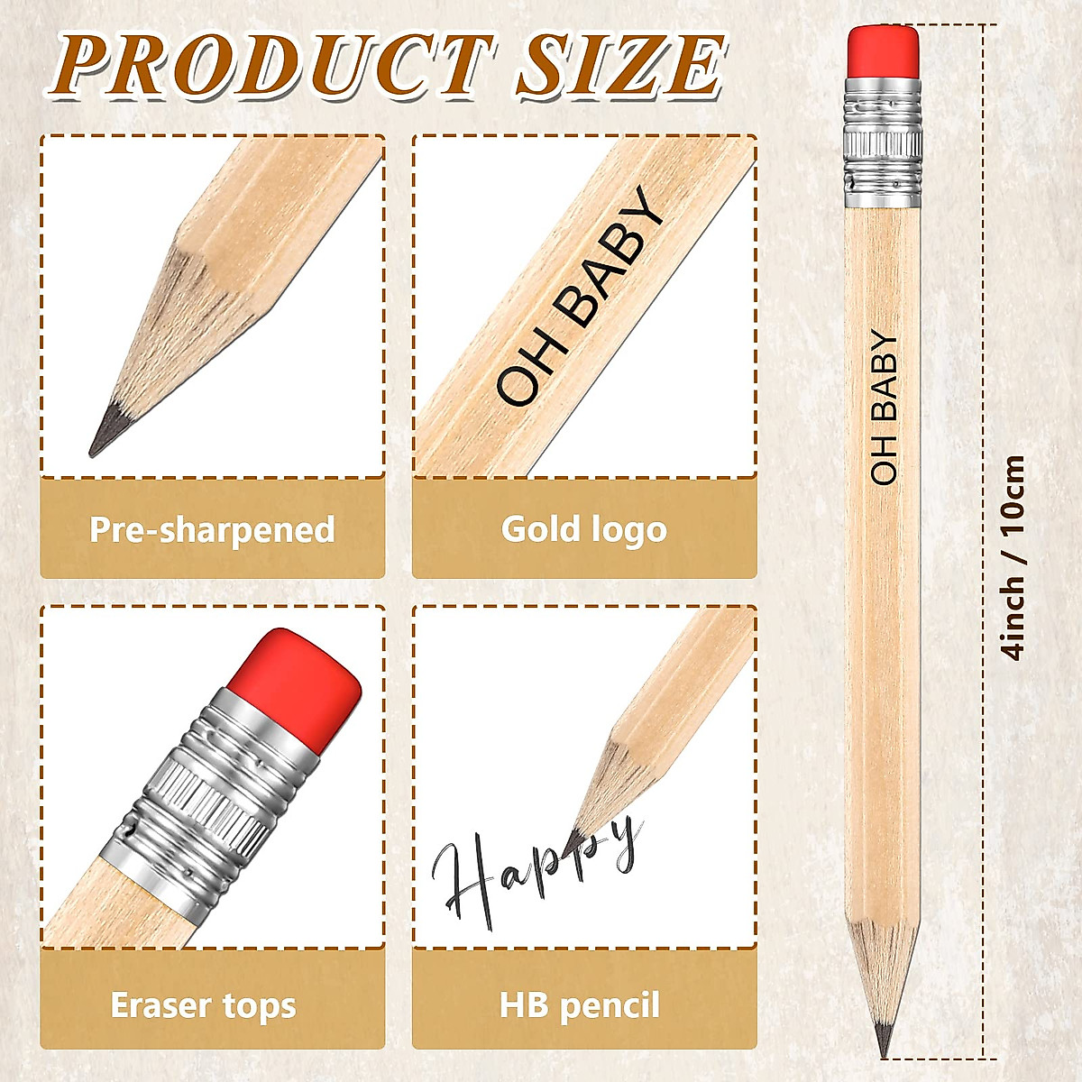 Crtiin 50 Pieces Baby Shower Pencils for Games Mini Golf Half Pencils, Presharpened with Erasers, 4 Inch(Wood Color,Simple Style)