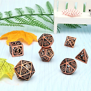 Metal Dice Set D&D, Dungeons and Dragons Dice Set,Hollow Out Retro Number Rainbow Unique Polyhedron Game RPG DND Metal Dice Set, Ancient Red Copper-24, Small