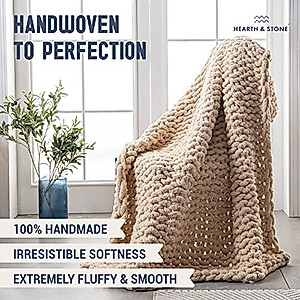 Chunky Knit Blanket Throw - 50"x60" 3.7 lbs. - Soft Chenille Yarn Knitted Blanket - Machine Washable Crochet Blanket - Handmade Cable Knit Throw Blanket for Couch, Bed (Oat White)