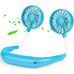 Hands Free Portable Neck Fan - Portable USB Battery Rechargeable Mini Fan with 3 Speeds Modes- Cooler Fan with Dual Wind Head for Home Office Travel Indoor Outdoor (Blue)