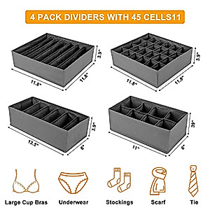 AzxecVcer 4 Set Sock Underwear Organizer,45 Cell Foldable Washable Odorless Fabric Drawer Organizers Storage Divider for Clothing, Baby Clothes, Bra, Panty, Socks, Scarf, Ties (Grey)