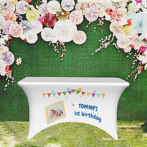 OUUKHGY Custom Tablecloth, Personalized Spandex Table Cloth with Bussiness Logo Text Photo Image, Rectangular Fitted Events Stretch Table Covers Washable Table Protector