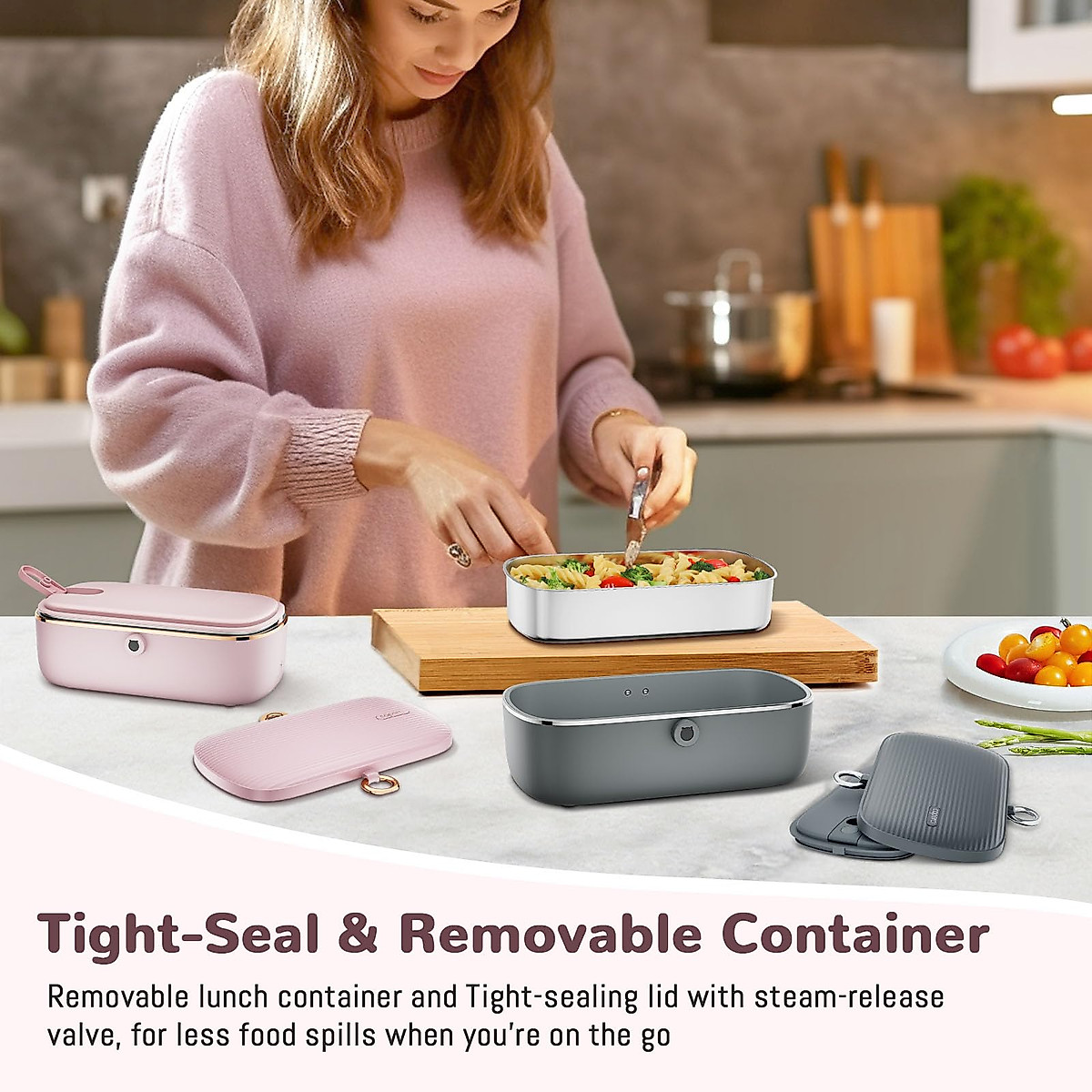 Caperci Electric Lunch Box Food Heater, 30 oz Portable Food Warmer - 110V Faster Leakproof Heated Lunch Boxes for Adults with Stainless Steel Container for Travel, Office, Home (Pink)