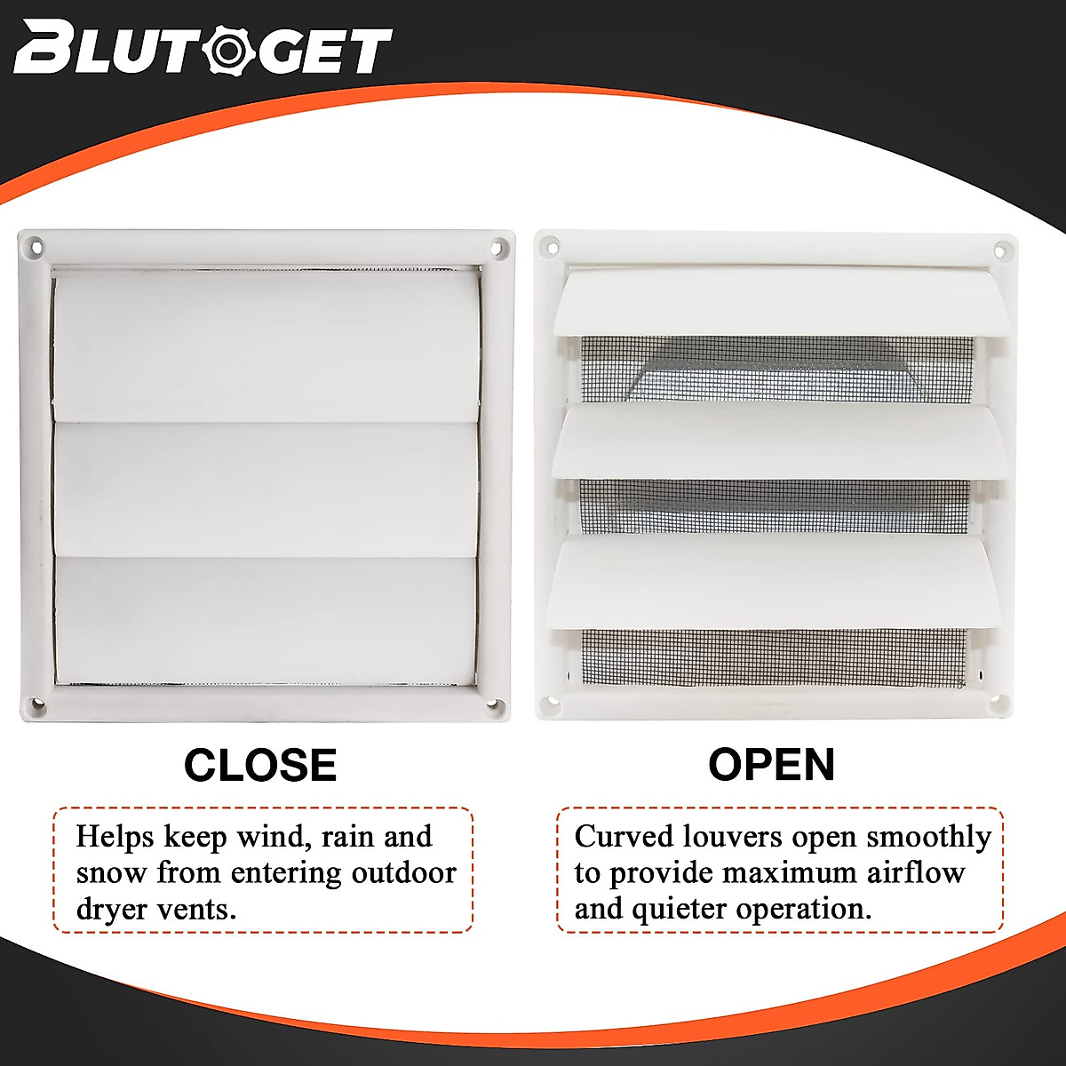 Blutoget 6" Louvered exhaust Vent Cover 8" x 8" Oversize dryer outlet cover for Exterior Wall Vent Hood Outlet Airflow - 6 Inch Vent Cover Exterior with 4 Vent Screen Screw (White)
