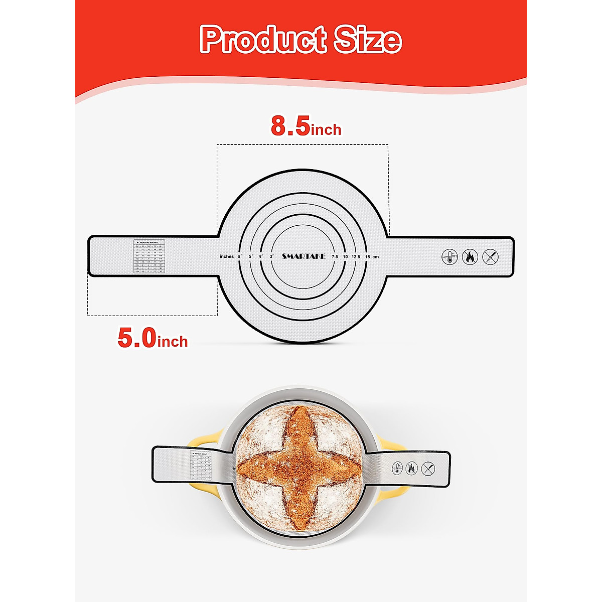 SMARTAKE 2-Pack Silicone Bread Sling for Dutch Oven, Reusable Bread Baking Mats with Long Handles, Include Spatula, Non-Stick Bread Baking Sheet Liners for Transferable Dough Pastry (Red & Black)