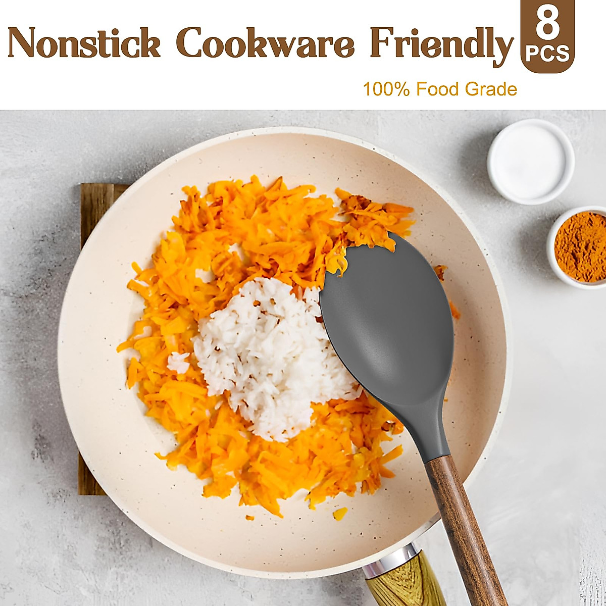 Umite Chef Silicone Cooking Utensil Set, 8-Piece Kitchen Utensils Set with Natural Acacia Wooden Handles,Food-Grade Silicone Heads-Silicone Kitchen Gadgets and Spatula Set for Nonstick Cookware - Grey