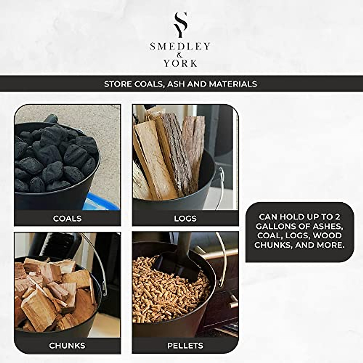 Smedley & York 2.15 Gallon Black Ash Bucket and Fireplace Tool Set with Lid, Shovel & Broom
