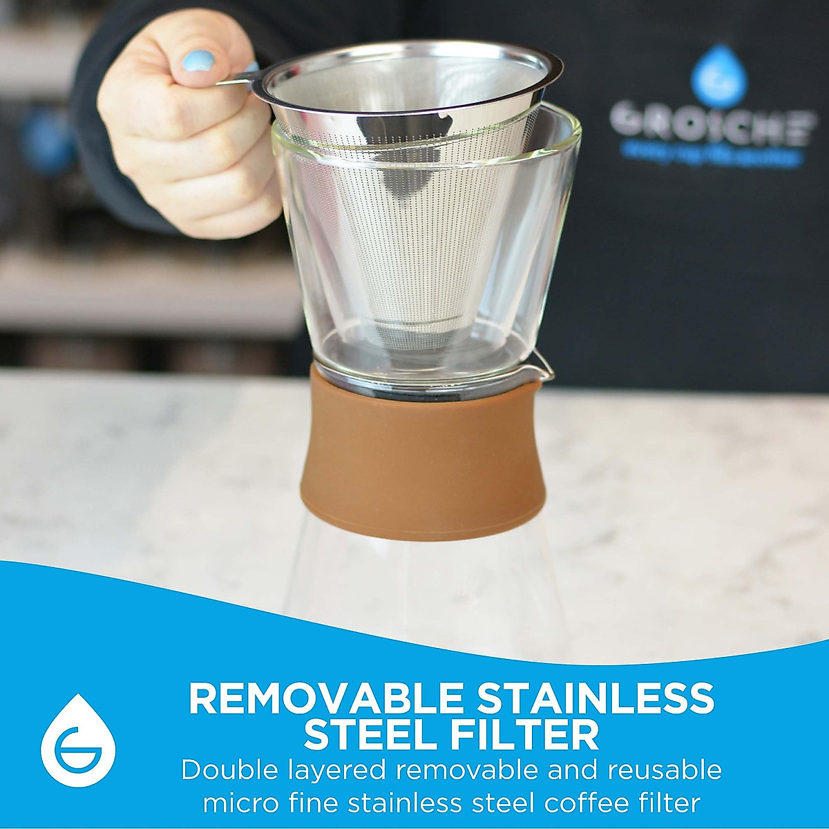 GROSCHE Amsterdam Glass Pour Over Coffee Maker - Single Cup Manual Dripper Brewer w/Removable Glass Top & Permanent Stainless Steel Filter - 27.6 fl oz - Ideal for Home, Camping, & On-the-Go Brewing