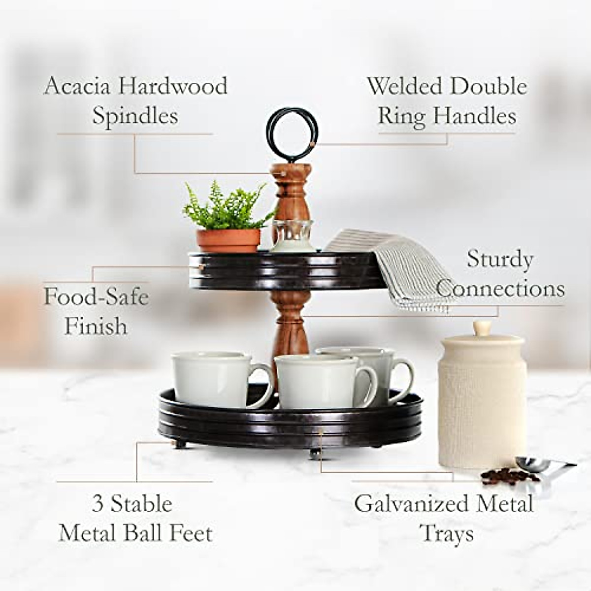 BlackRidge Home 2 Tier Tray Stand - Acacia Wood and Black Metal Two Tiered Tray Decor, Serving Tray, Farmhouse Tiered Tray for Kitchen Coffee Bar Decor, Rustic Two Tiered Galvanized Trays for Cupcake