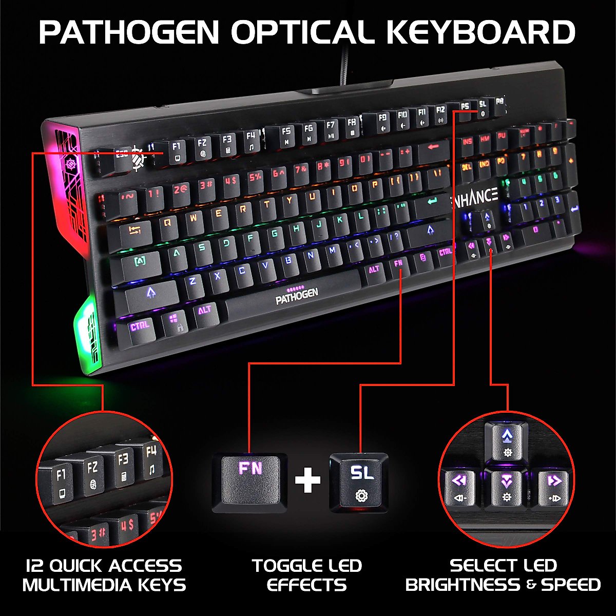 ENHANCE Pathogen Gaming Keyboard - Blue Switch Mechanical Keyboard with Fast 0.2ms Polling, Water & Dust Resistant, NKRO & Anti-Ghosting, Removable Wrist Rest, Ergonomic Keyboard Rainbow LED 9 Effects