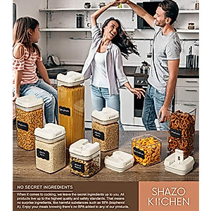 Shazo Airtight Food Storage Containers 7 Piece Set, Pantry Organizer BPA Free Plastic Flour, Pasta Containers with Easy Lock Lids for Kitchen Pantry Organization and Storage Includes Labels & Marker