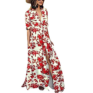 F_Gotal Womens Bohemian Printed Loose Button Stripe Roll Up Sleeve Maxi Dress with Pockets Beach Sundress Party Cocktail