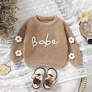 Baby Girl Cable Knit Sweater Long Sleeve Boho Floral Embroidery Oversized Sweatshirt Warm Fall Winter Clothes (Khaki-Babe, 6-9 Months)