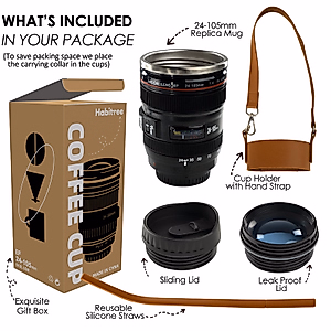 Habitree Coffee Mug- Ideal for Photographers&Travelers - 2 Lids,Cup Holder,Silicone Straw- Stainless Steel Lens Mug Thermos- Christmas gifts- Gifts for him,Portable Cup