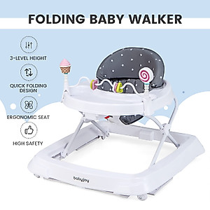 BABY JOY Baby Walker, Foldable Activity Walker Helper with Adjustable Height, Baby Activity Walker with High Back Padded Seat & Bear Toys (Gray, Star Pattern)