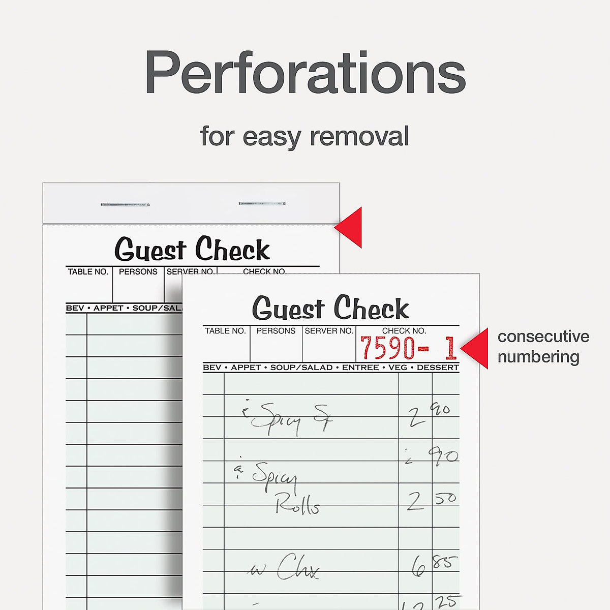 Adams Guest Check Pads, Single Part, Perforated, White, 3-2/5" x 6-3/4 ", 50 Sheets/Pad, 5 Pads/Pack (525SWMT)