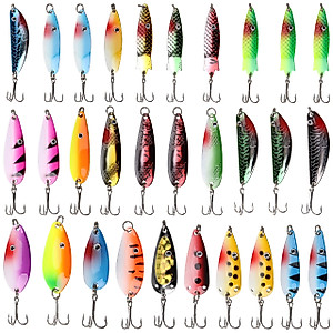 Fishing Spoons Lures Kit,30pcs Hard Metal Fishing Spinner Baits Trout Lures Casting Trolling Trout Spoons Fishing Lures with Treble Hooks for Bass Salmon Pike Walleye